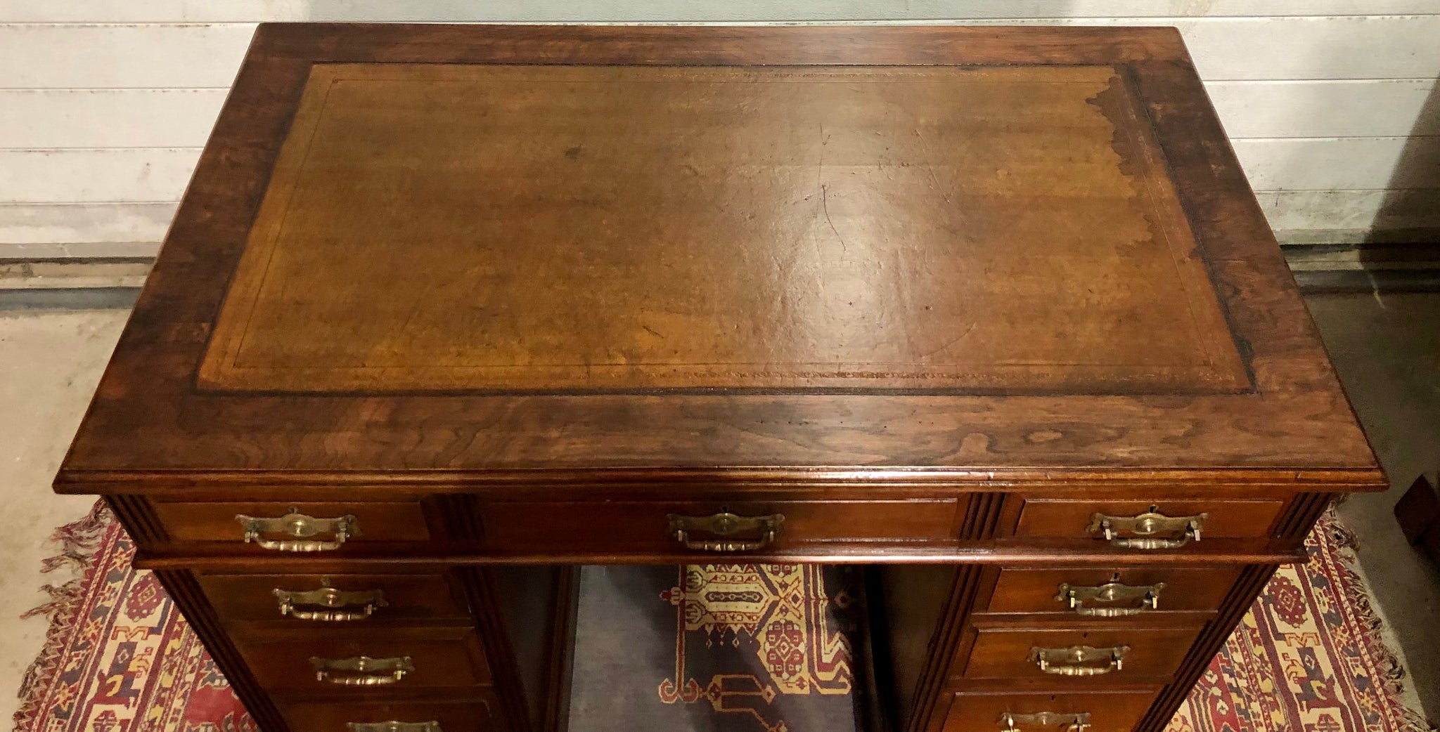000639....Handsome Antique Walnut Pedestal Desk With Nine Drawers ...