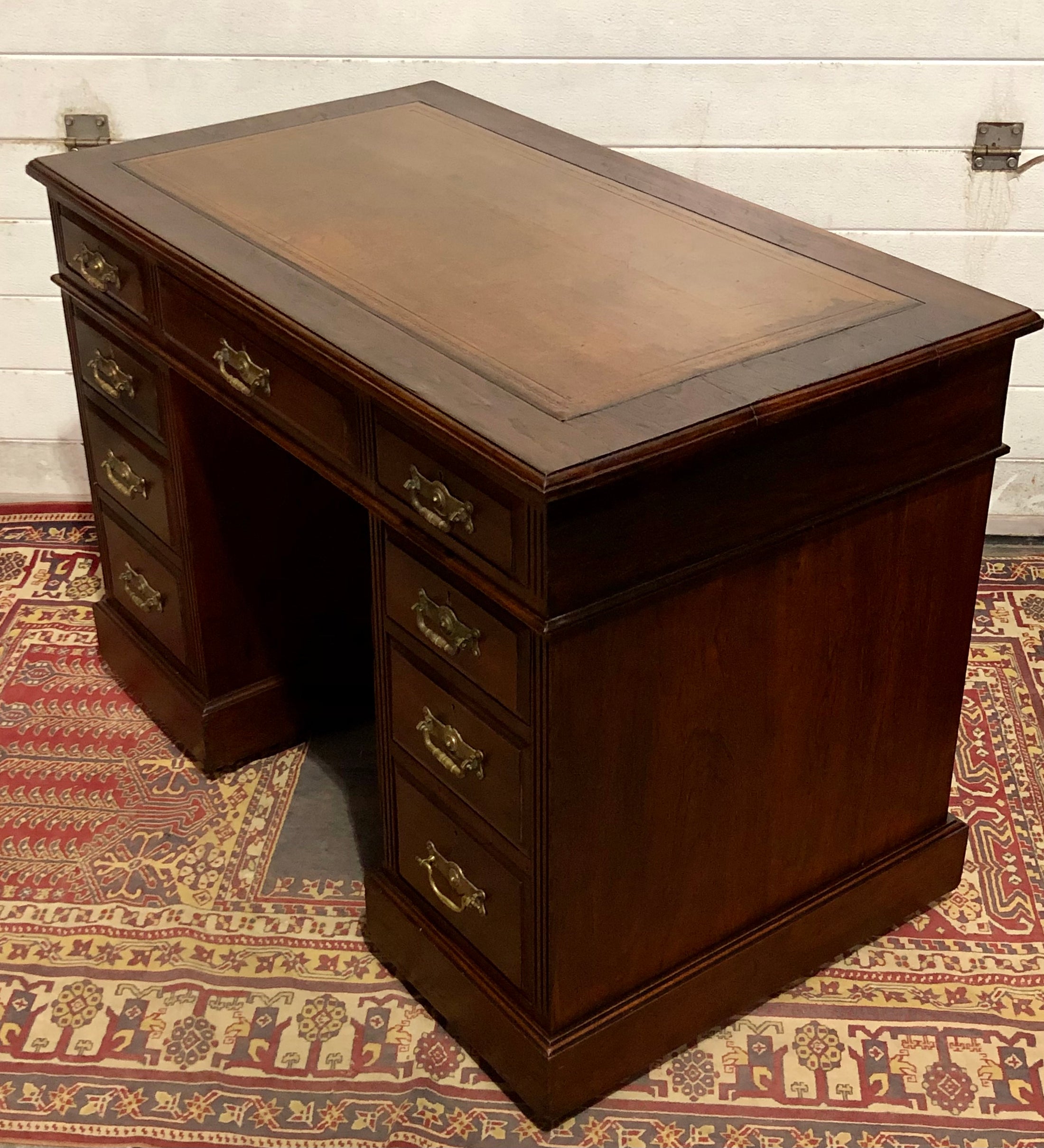 000639....Handsome Antique Walnut Pedestal Desk With Nine Drawers ...