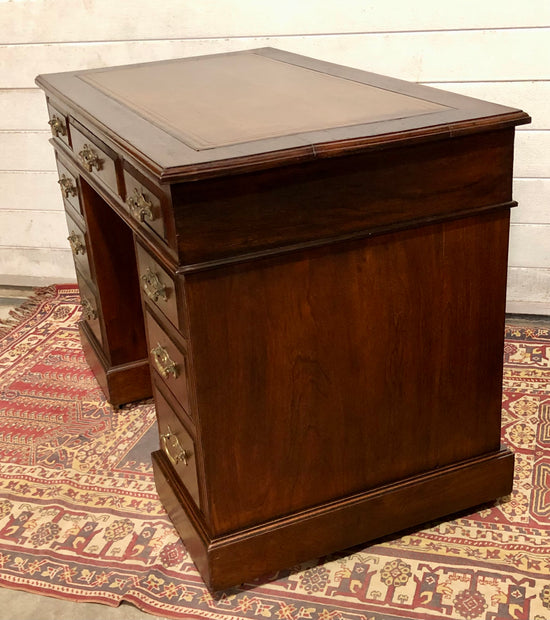 000639....Handsome Antique Walnut Pedestal Desk With Nine Drawers ...